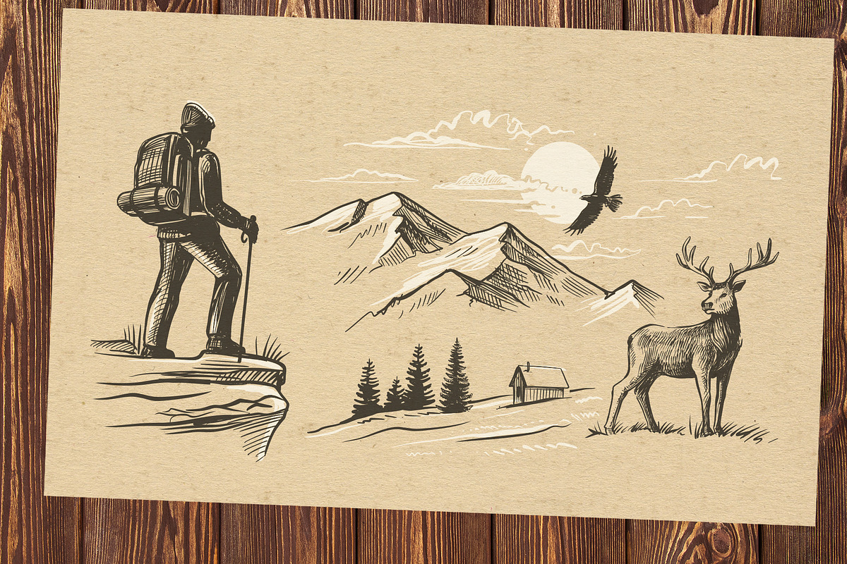 Adventure sketch vector set., an Animal Illustration by bioraven