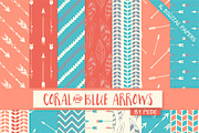 Coral and blue arrows., a Pattern Graphic by PeDe Designs