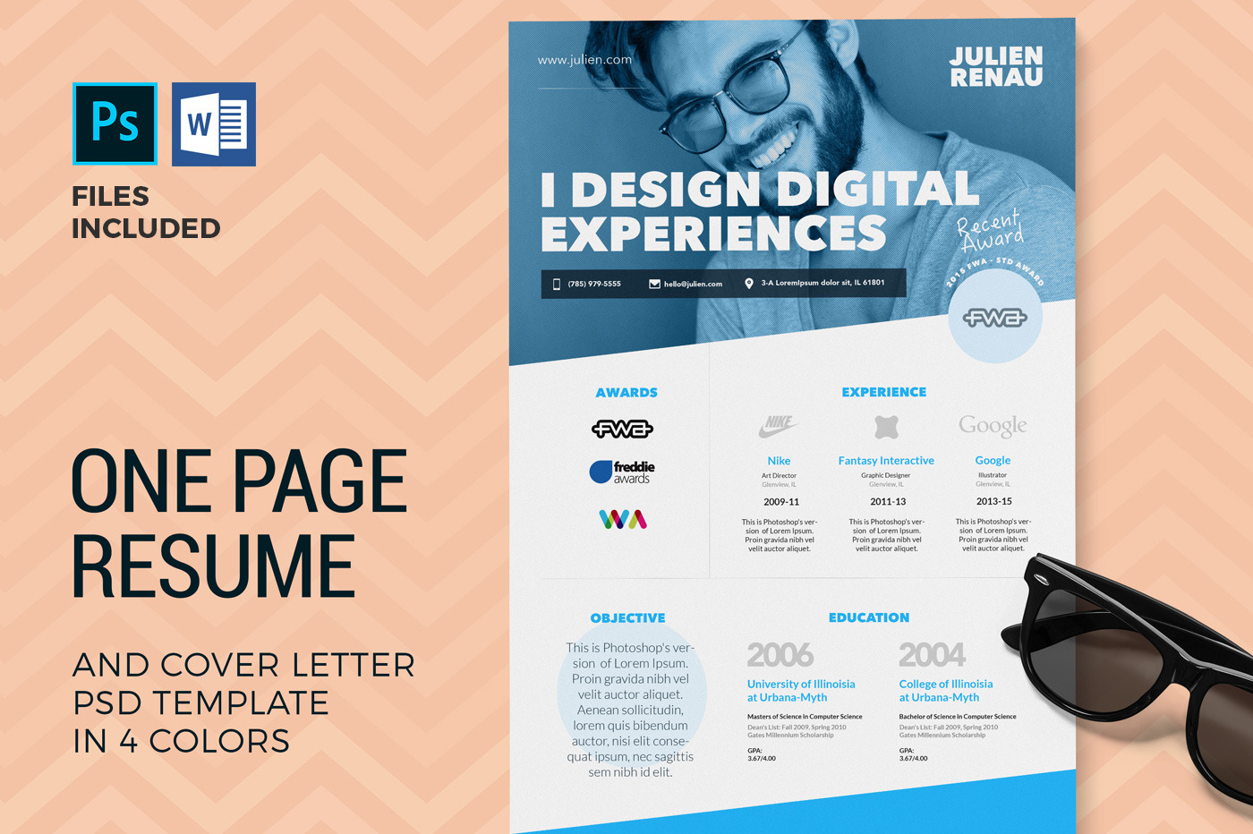 One Page Resume CV & Cover Letter, a Resume Template by ZippyPixels