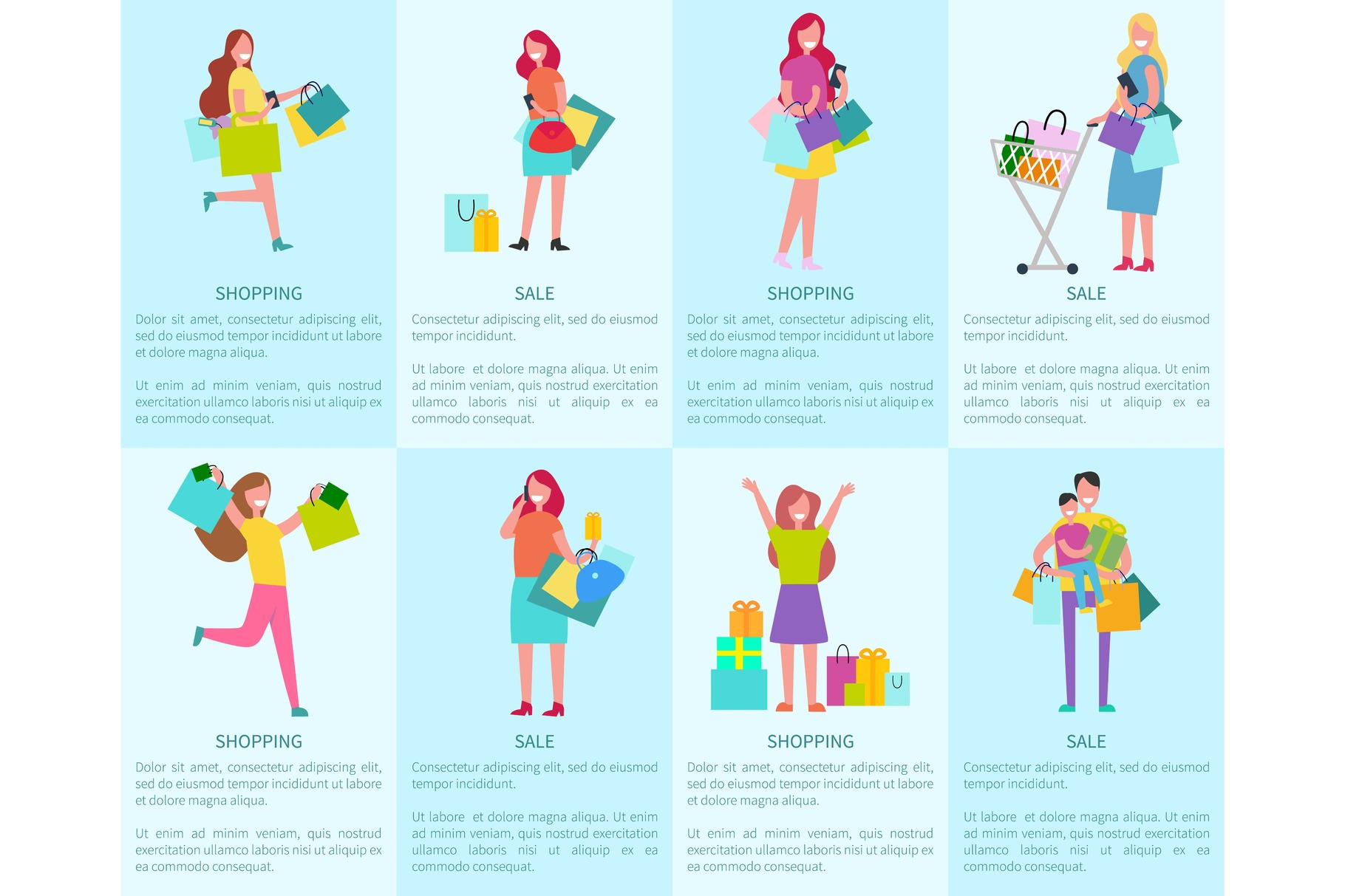 Shopping and Sale Set of Posters with Shoppers, a Person Illustration ...