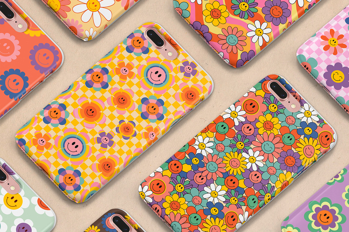 Retro Smiley flowers collection | Creative Market