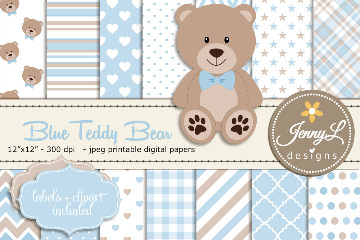 Blue Teddy Bear Digital Paper, a Pattern Graphic by JennyL Designs