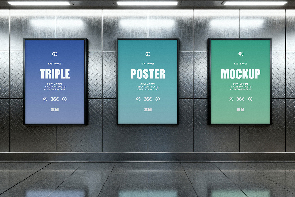 Posters Mockup on Metal Panels Wall, an Advertising Mockup by Design Squad