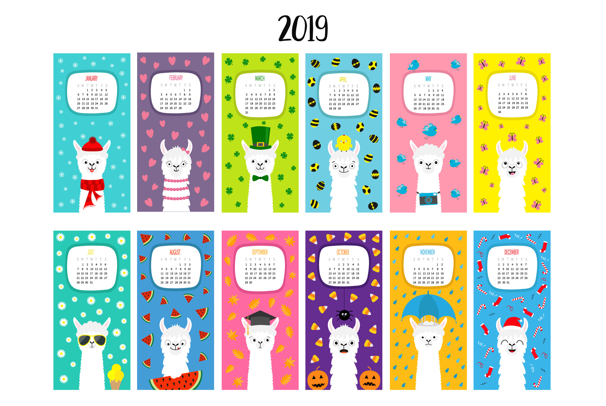 Llama alpaca calendar 2019., an Illustration by Worldofvector