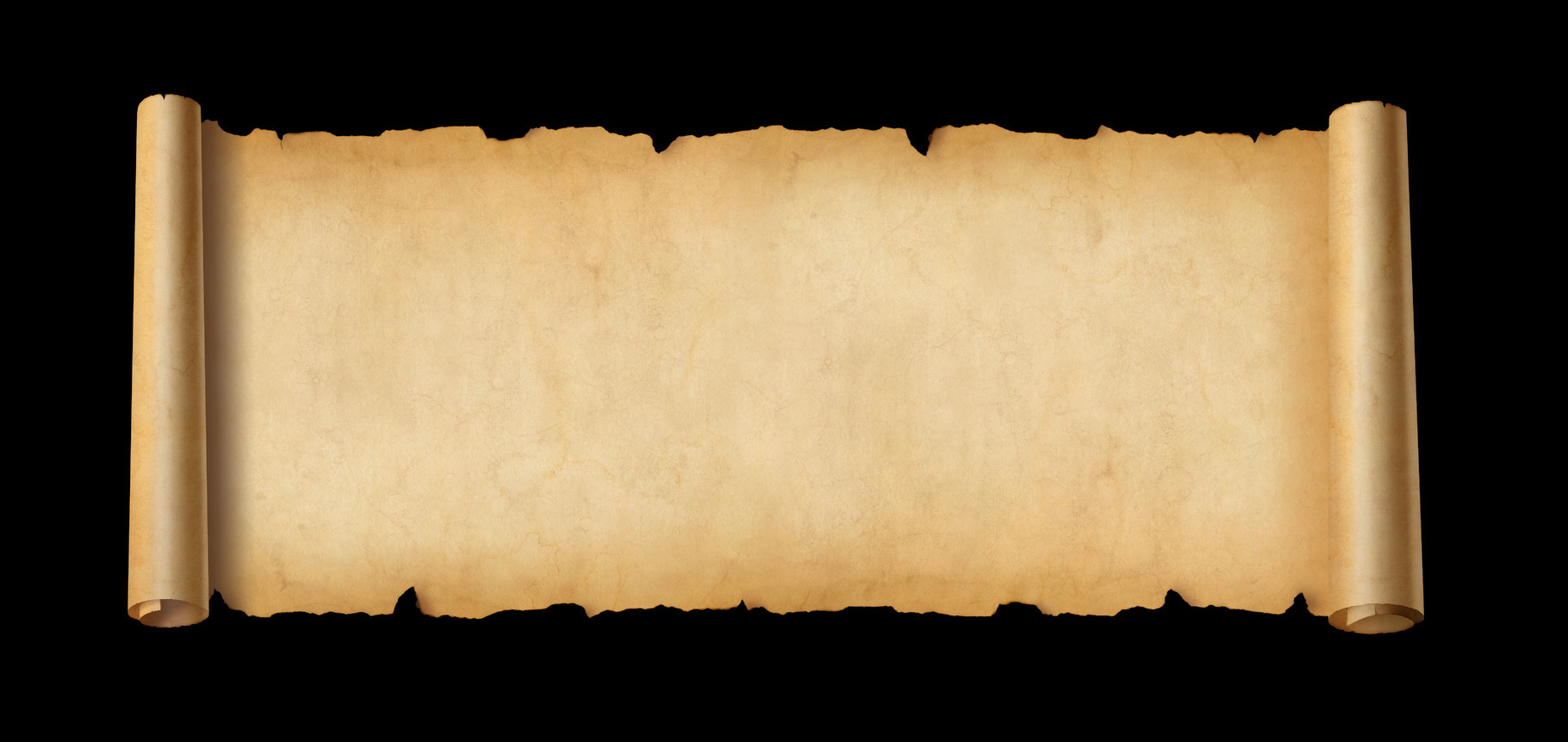 Old paper horizontal banner. Parchment scroll isolated on black, an ...