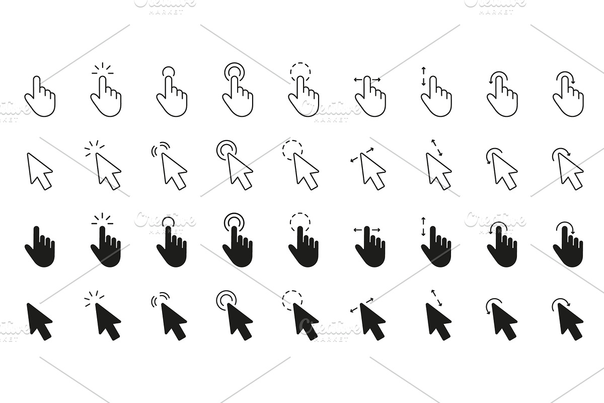 Hand Gesture Click And Cursor Icons, an Object Illustration by Vector ...