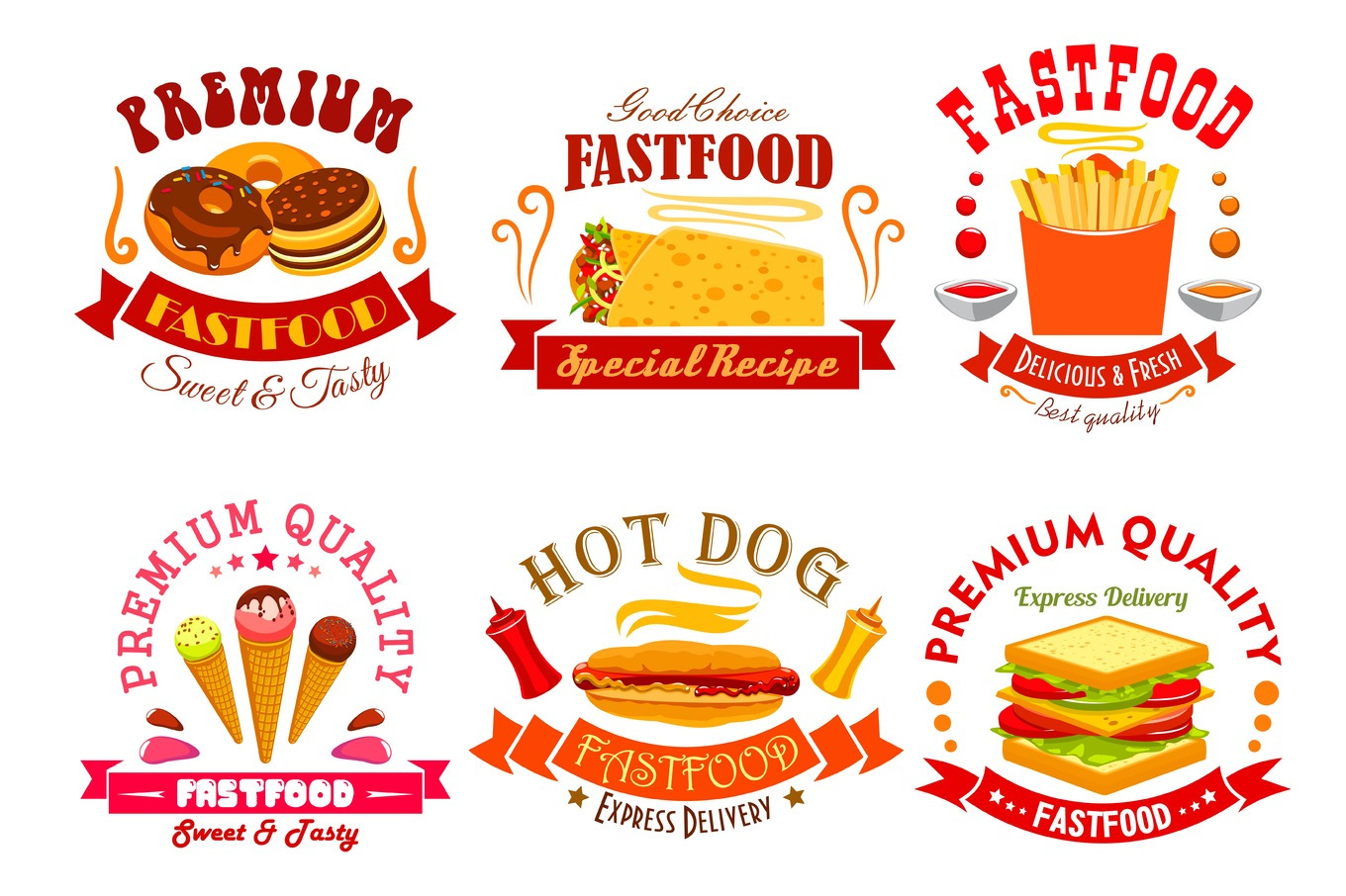 Fast food menu icons, labels, emblems set, a Food Illustration by ...