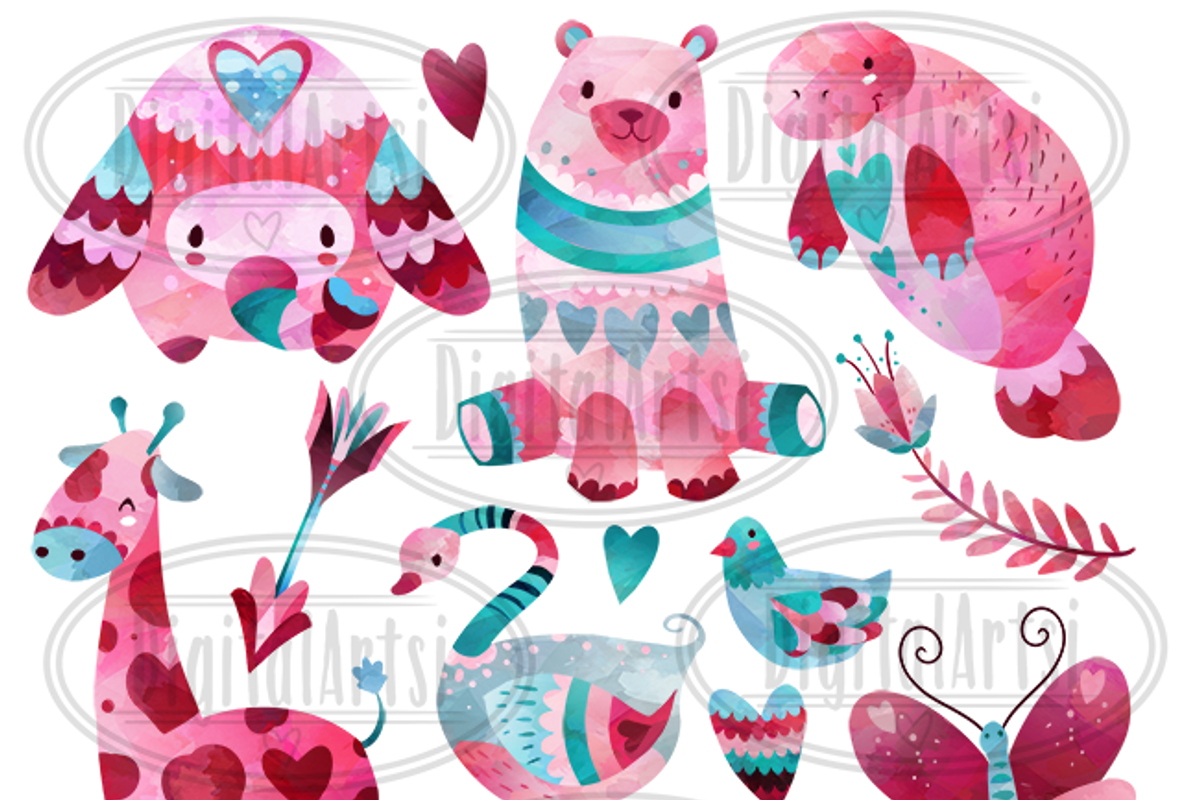 Valentines Day Animals Clipart, an Animal Illustration by DigitalArtsi