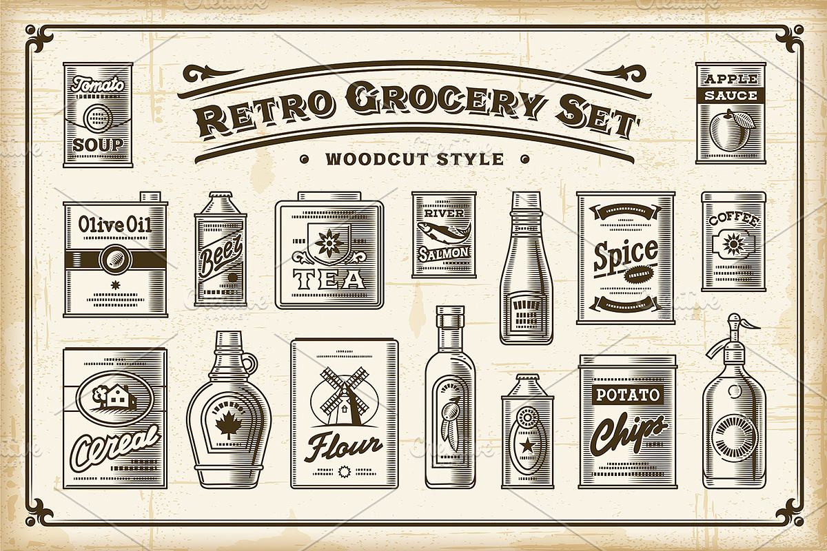 Retro Grocery Set One Color, a Food Illustration by Retro Graphics