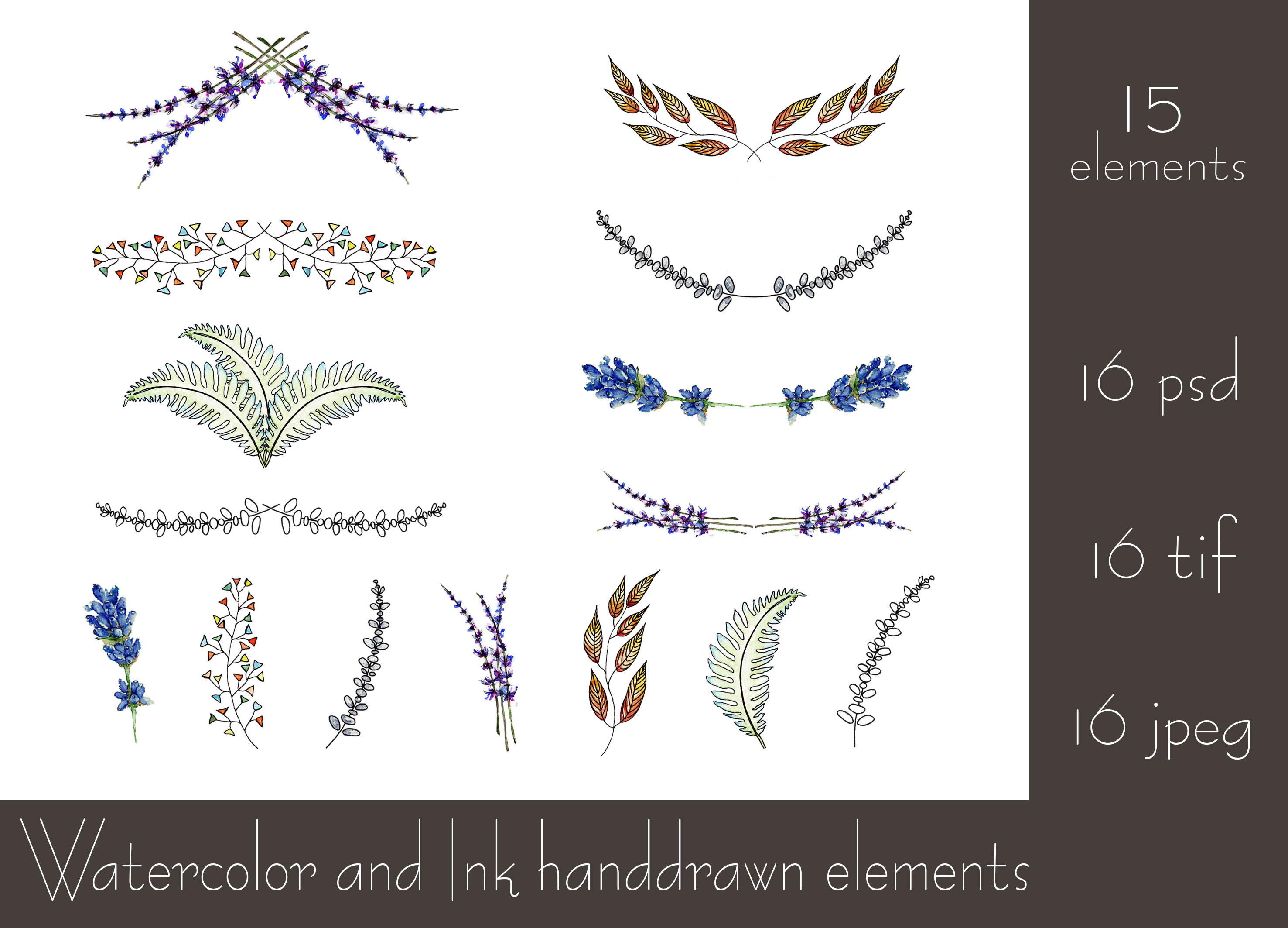 Set of watercolor and ink elements, a Decorative Illustration by ...