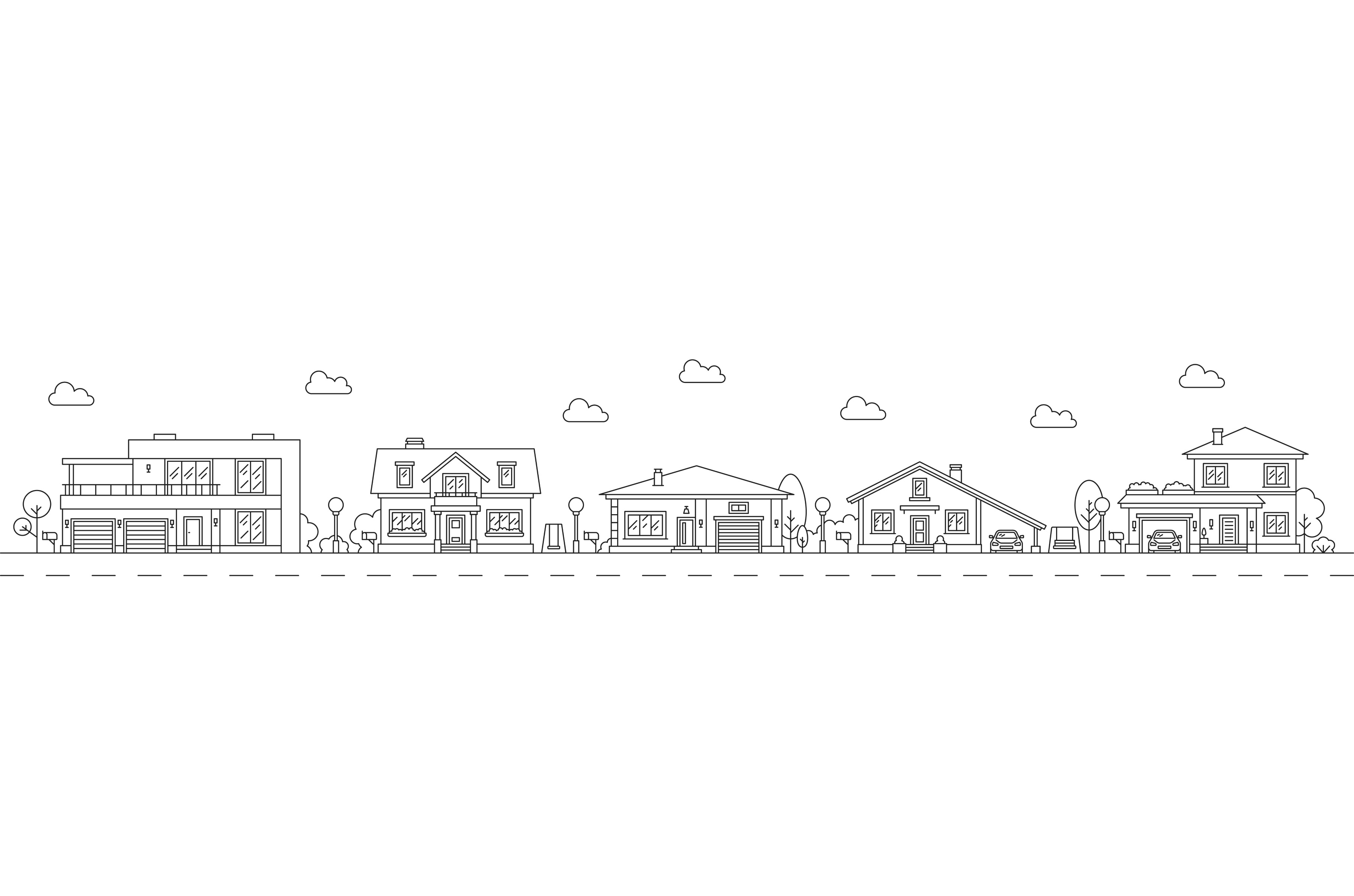 Neighborhood line art cityscape, an Illustration by Vector Tradition