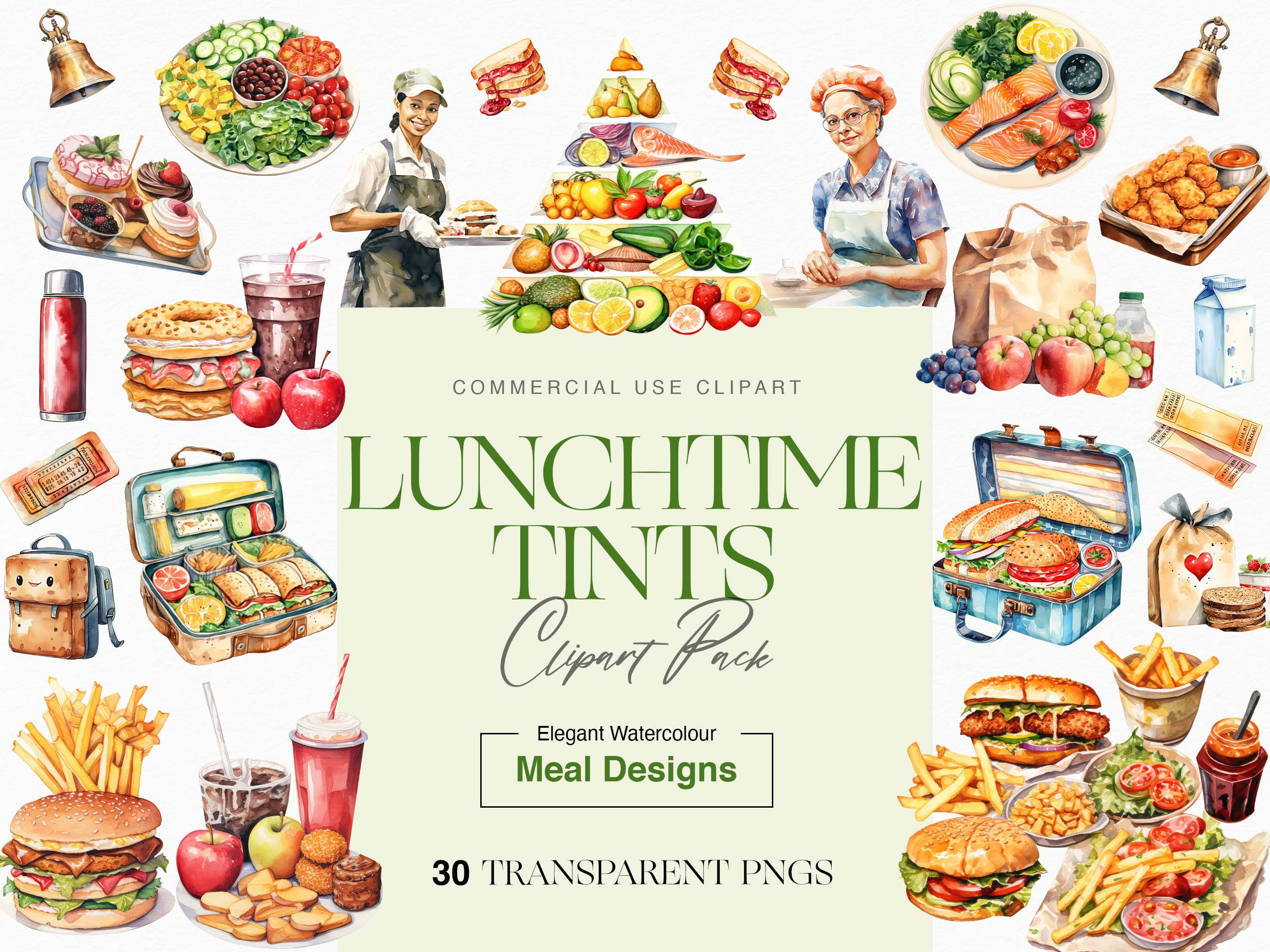 Watercolor Lunch Clipart, Lunch Box