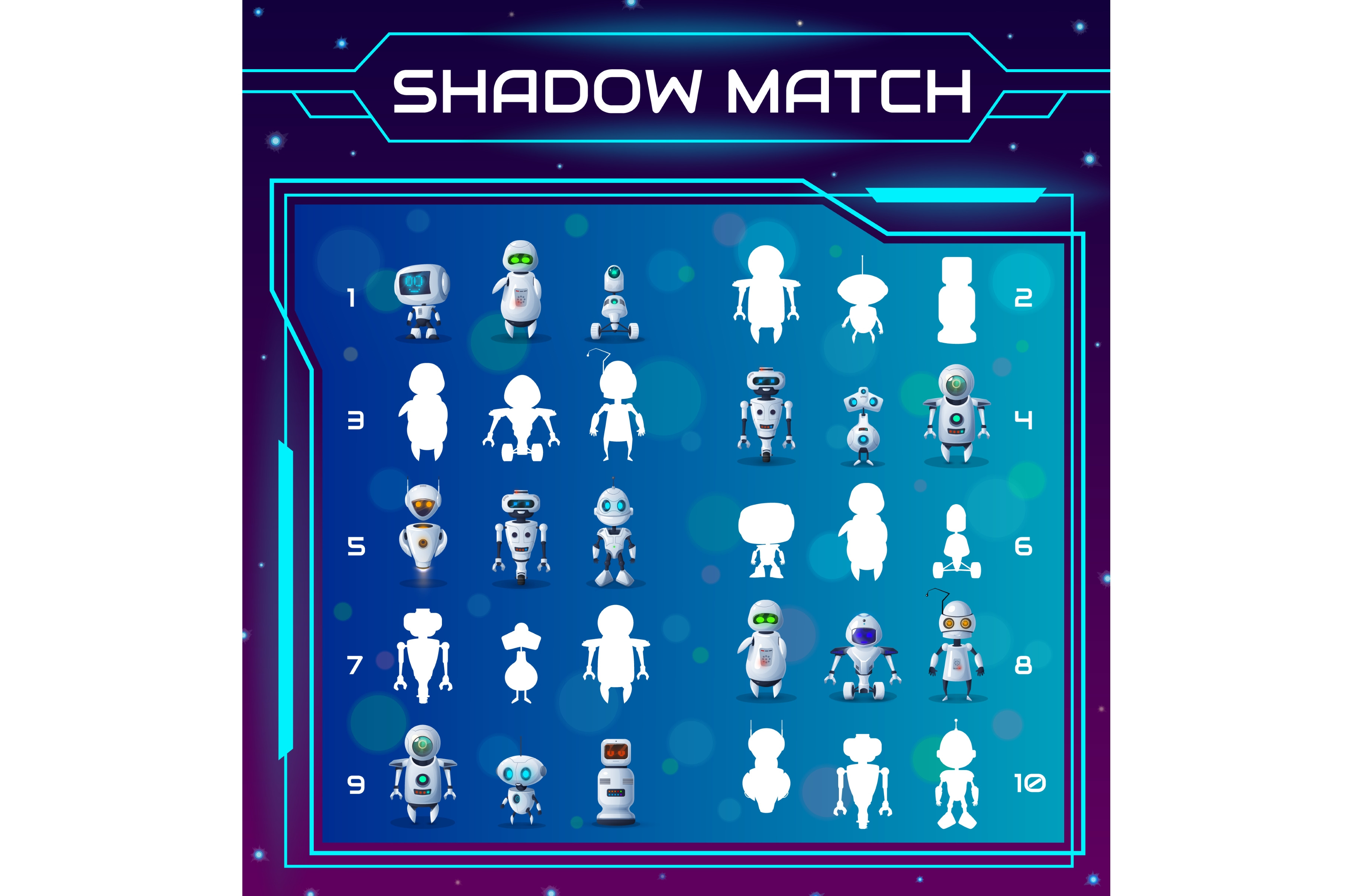 Cartoon robots, shadow match game, an Education Illustration by Buch&Bee