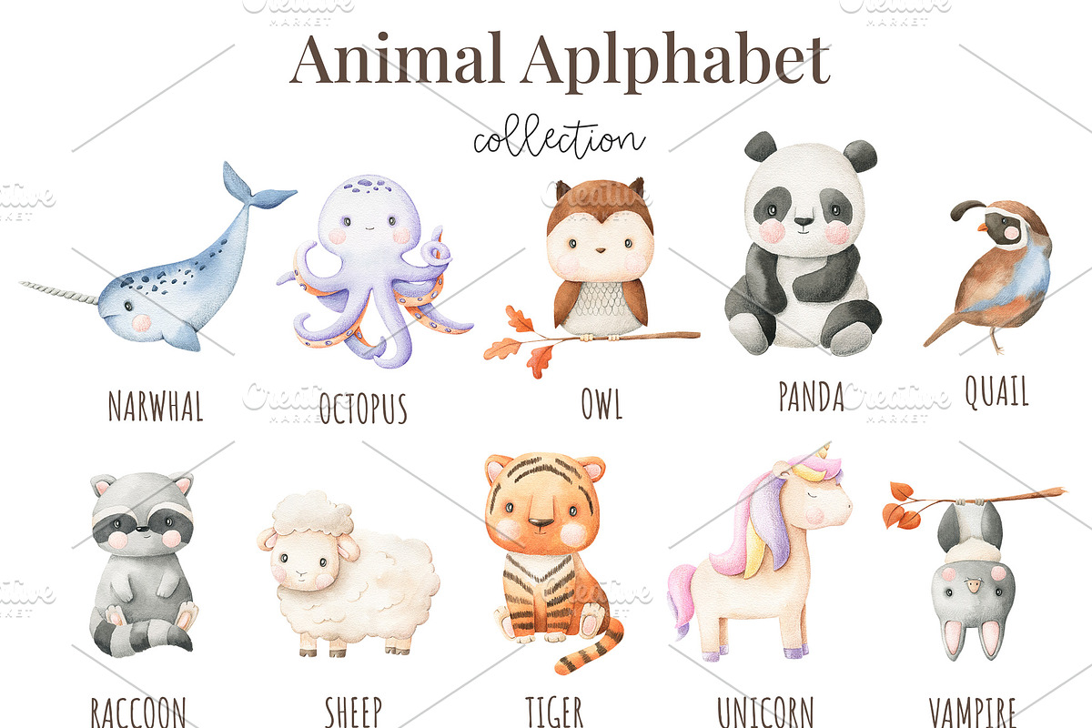 Animal alphabet - watercolor set, an Animal Illustration by Alesya Pytskaya