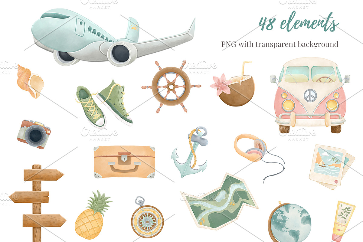Summer travel digital clipart, a Seasonal Illustration by Mespilia