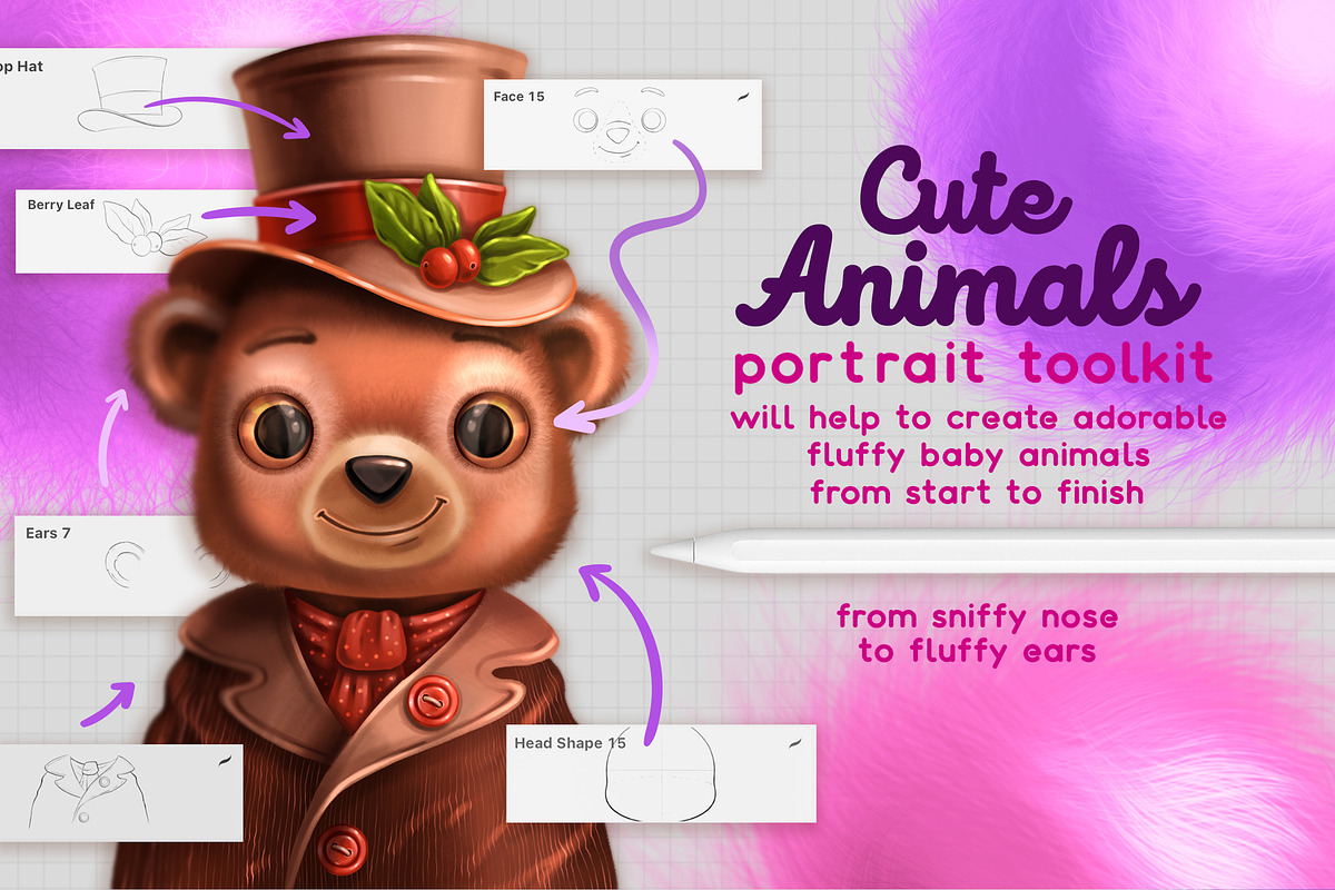 PROCREATE BABY ANIMALS PORTRAIT KIT, a Brush Add-On by AlexandraArt