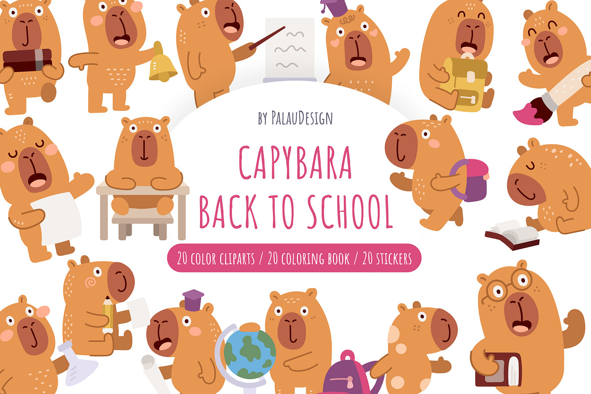 Capybara School Clipart Set, an Education Illustration by Palau