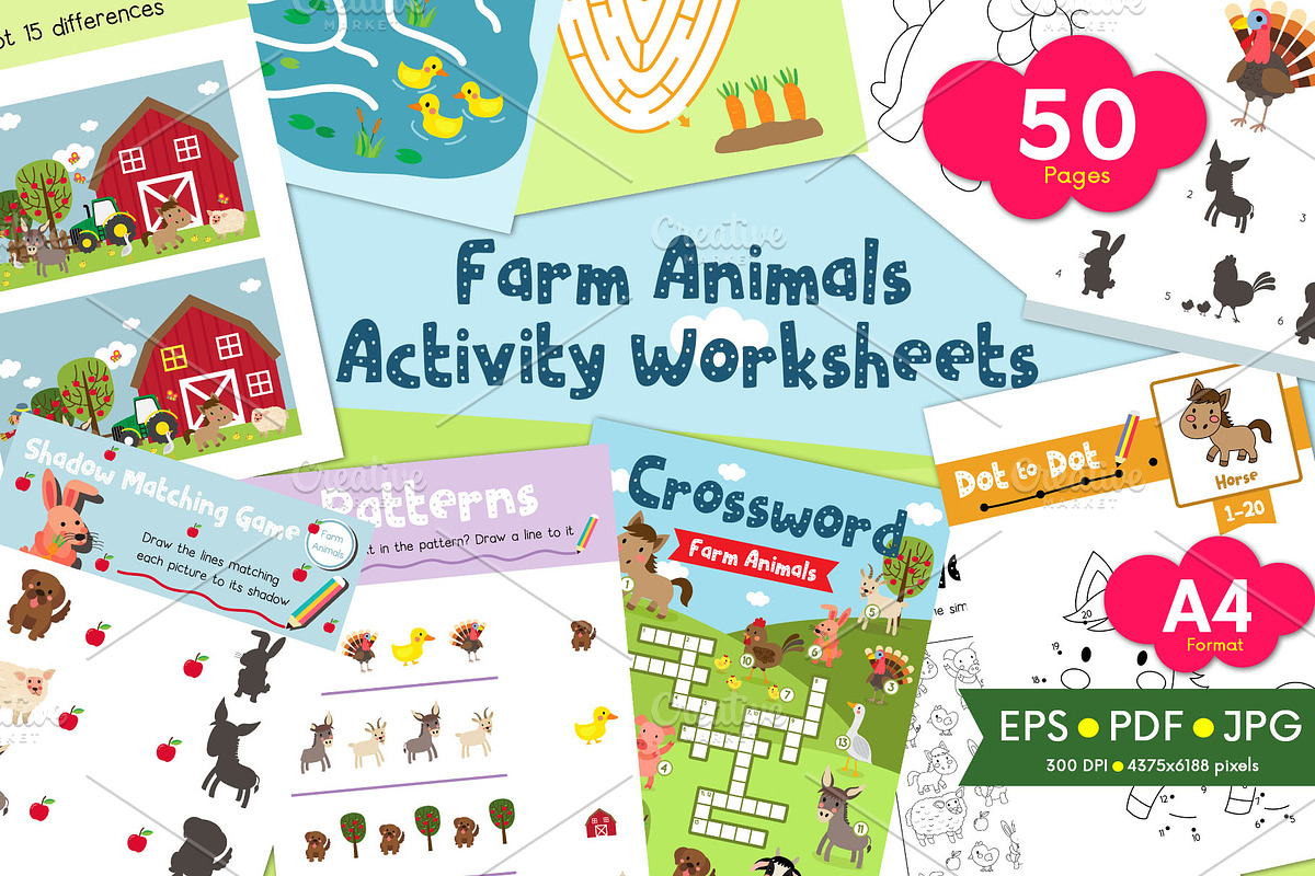 Farm Animals Activity Worksheets, an Animal Illustration by Natchapohn ...