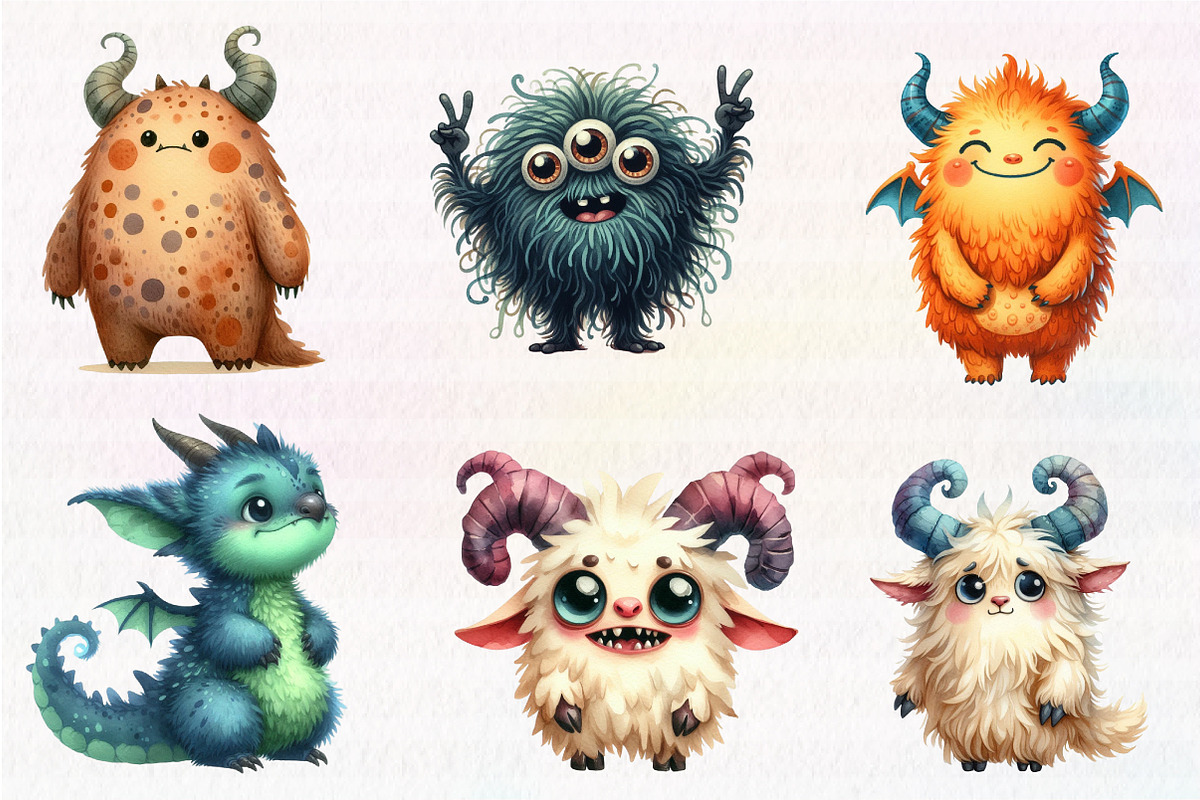 Cute monsters watercolor clipart, an Illustration by CreationArt