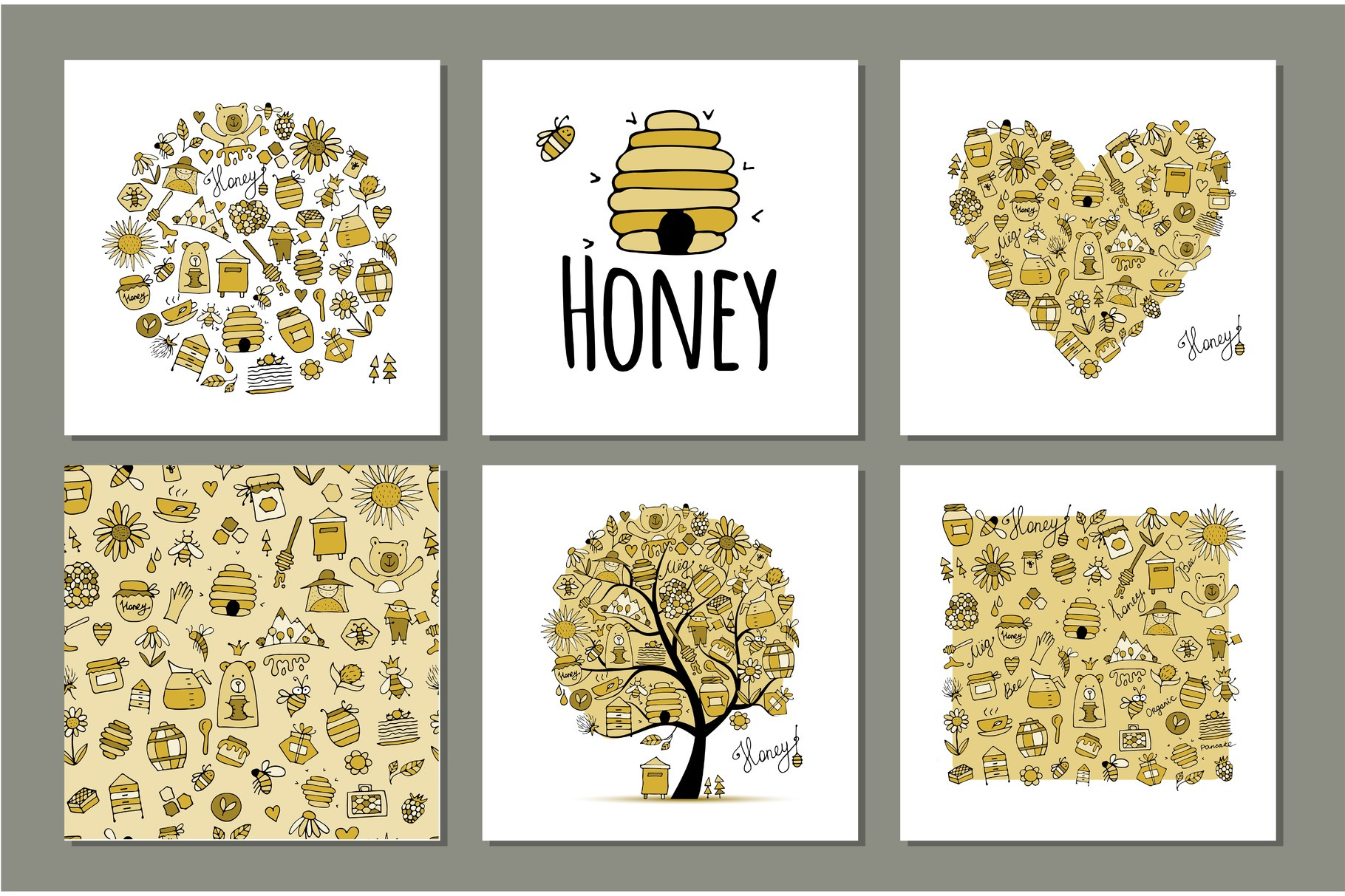 Honey set - frame, tree, heart, an Animal Illustration by Kudryashka