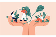 Huge hands holding tiny people | People Illustrations ~ Creative Market