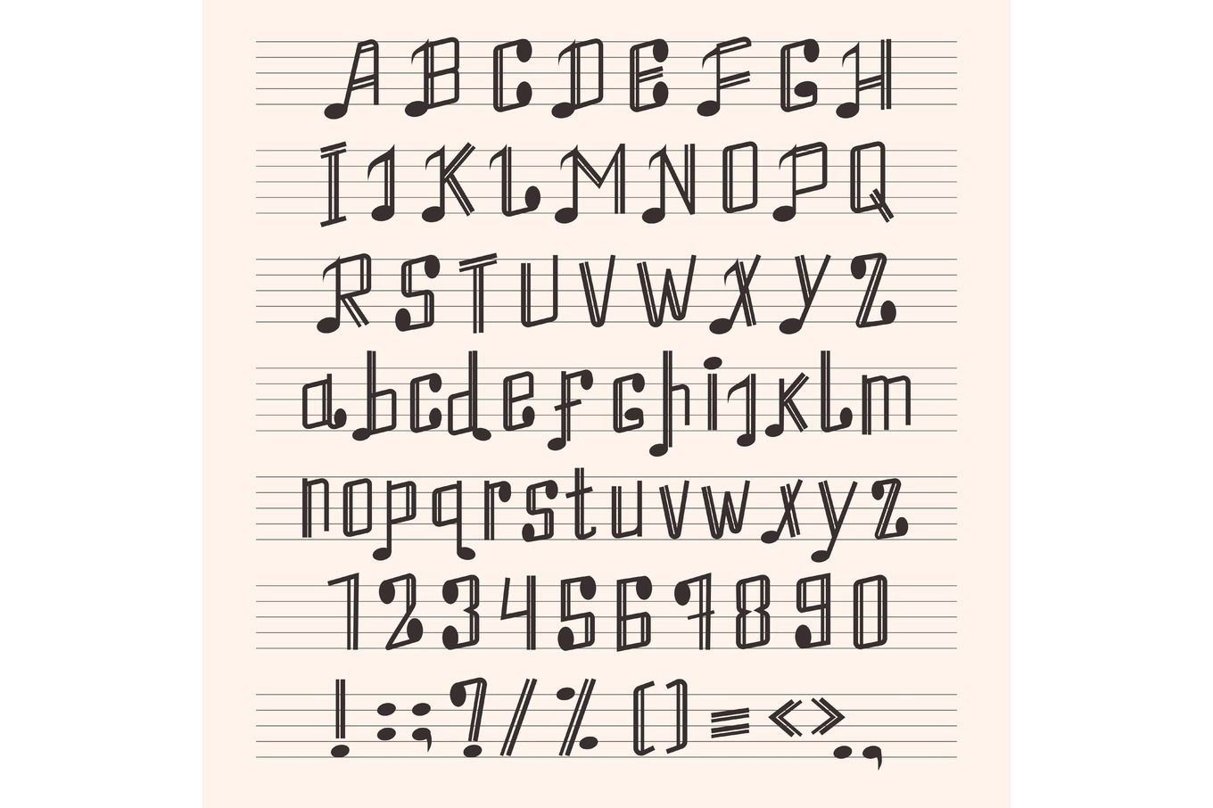 Musical decorative notes alphabet font hand mark music score abc ...