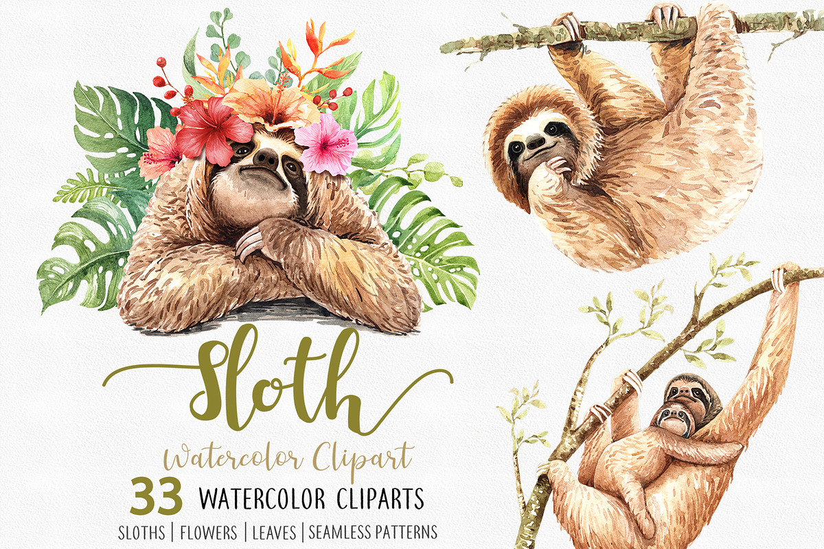 Sloth Watercolor. Seamless Pattern, an Animal Illustration by Sap-G Art ...