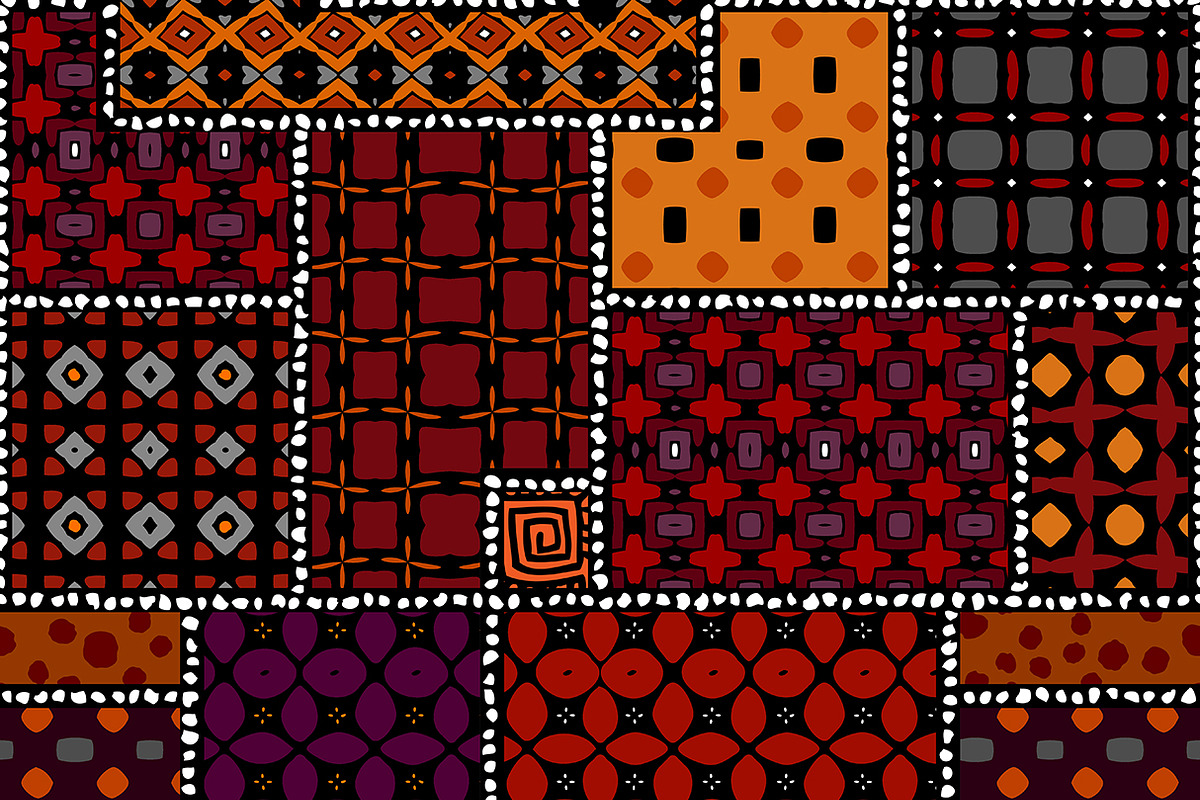 Abstract patchwork tribal patterns.