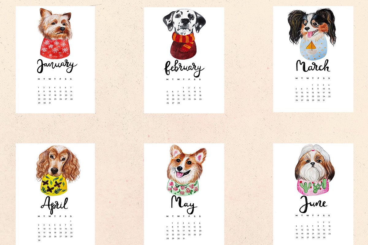 Watercolor Cute Dogs+Calendar, an Animal Illustration by Miracles ...