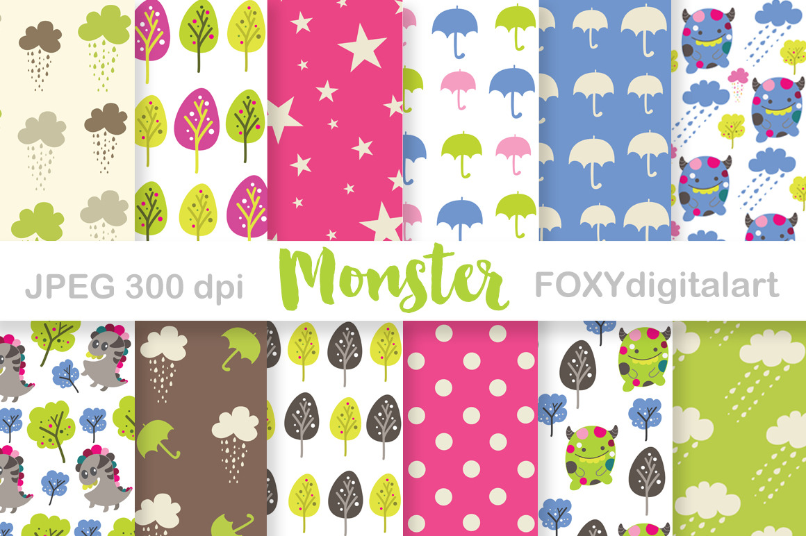Monster Digital Paper Scrapbook, a Pattern Graphic by FOXYdigitalart