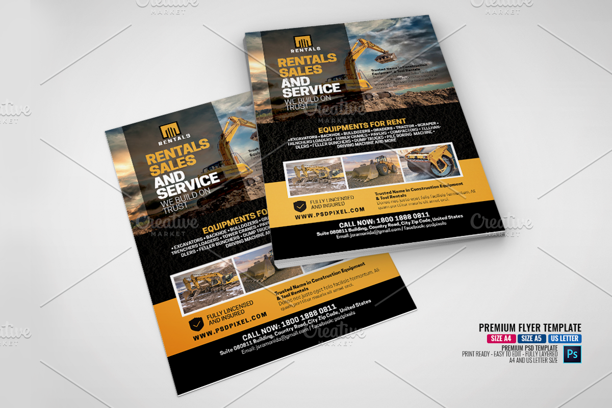Construction Machine Rentals Flyer, a Flyer Template by PSDPixel