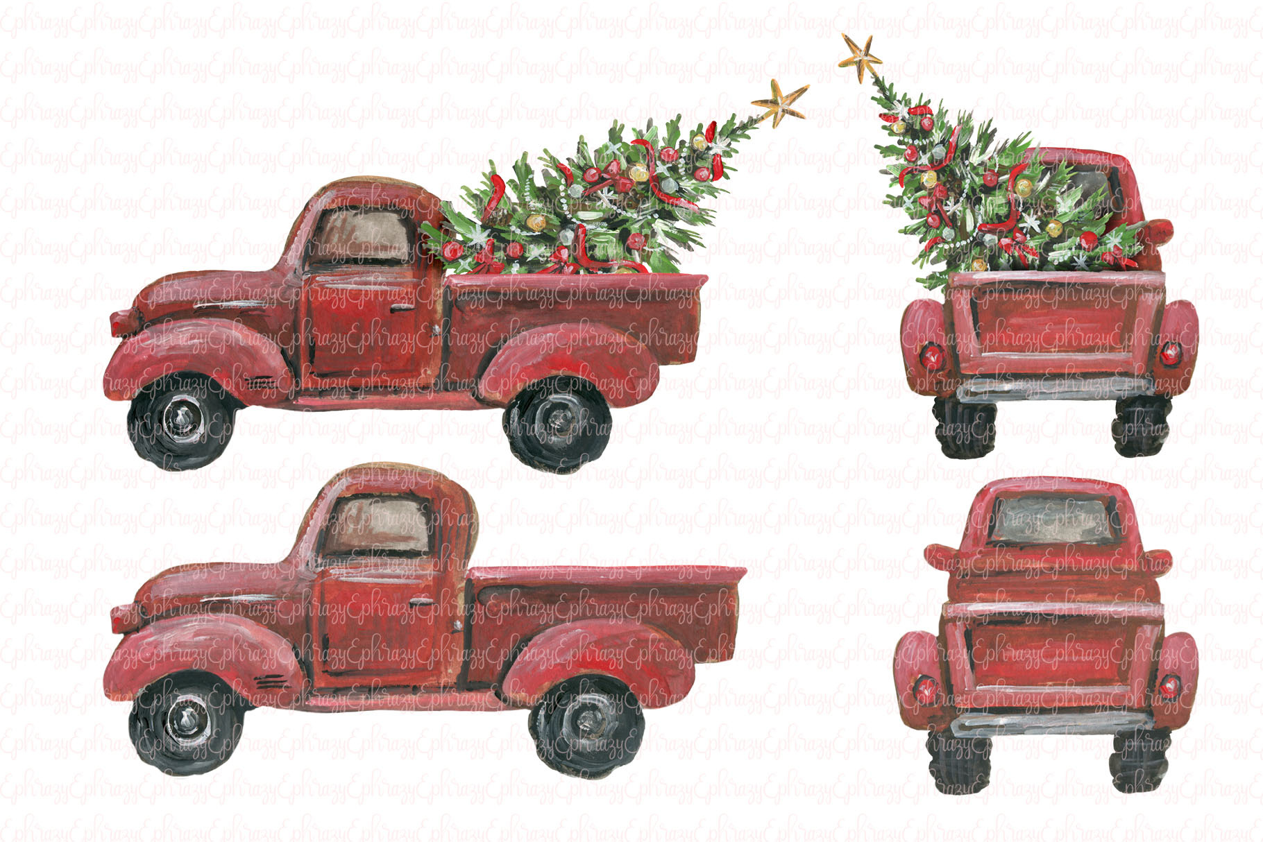 Little red truck clipart set, an Illustration by EphrazyGraphics