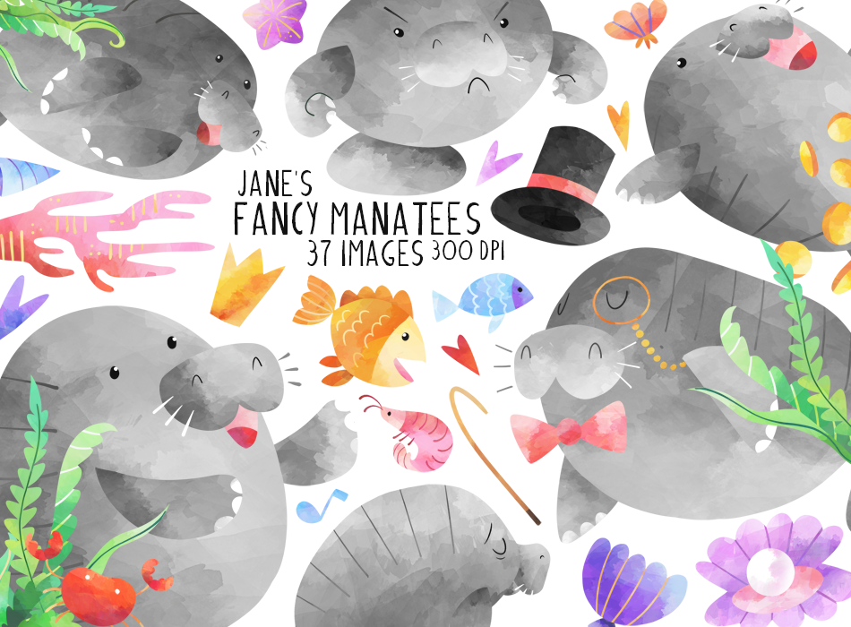 Watercolor Fancy Manatee Clipart | Animal Illustrations ~ Creative Market