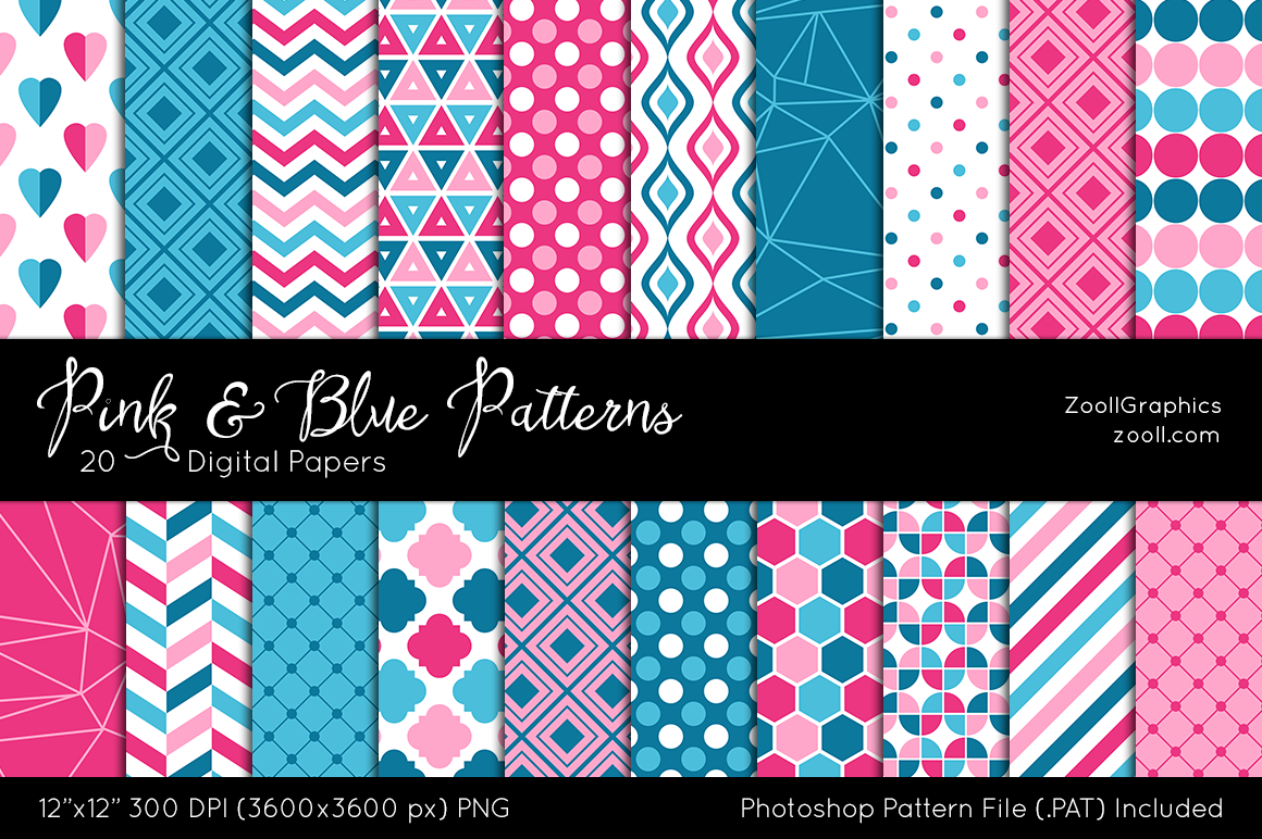 Pink & Blue Digital Papers, a Pattern Graphic by ZoollGraphics