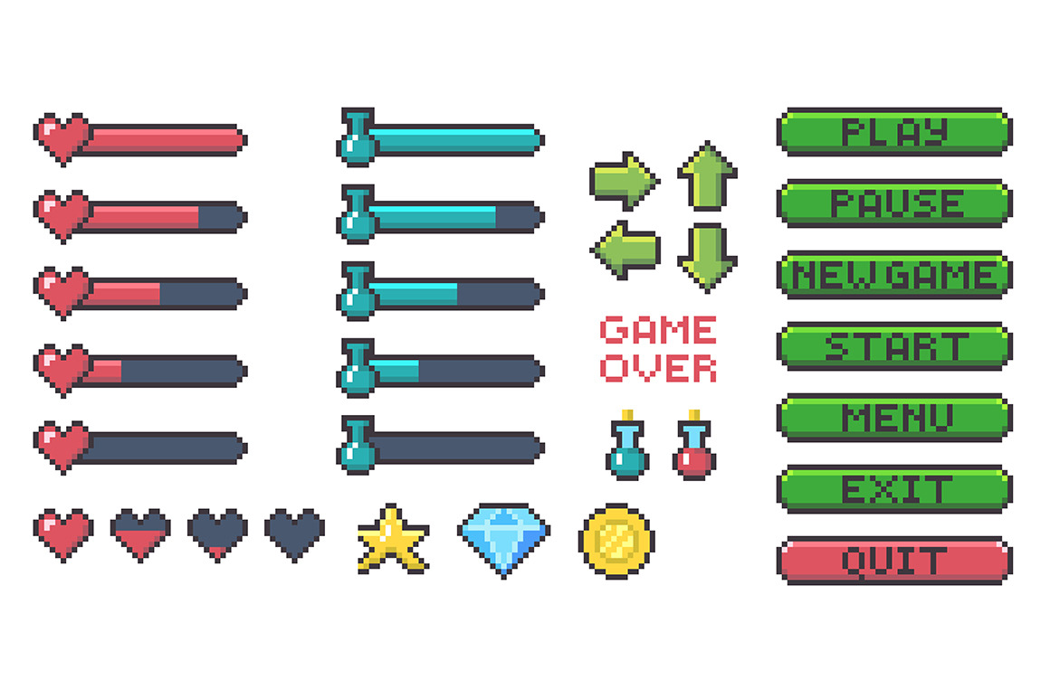 Color Pixel Game UI Button Icon Set., an Icon by Bigmouse_art
