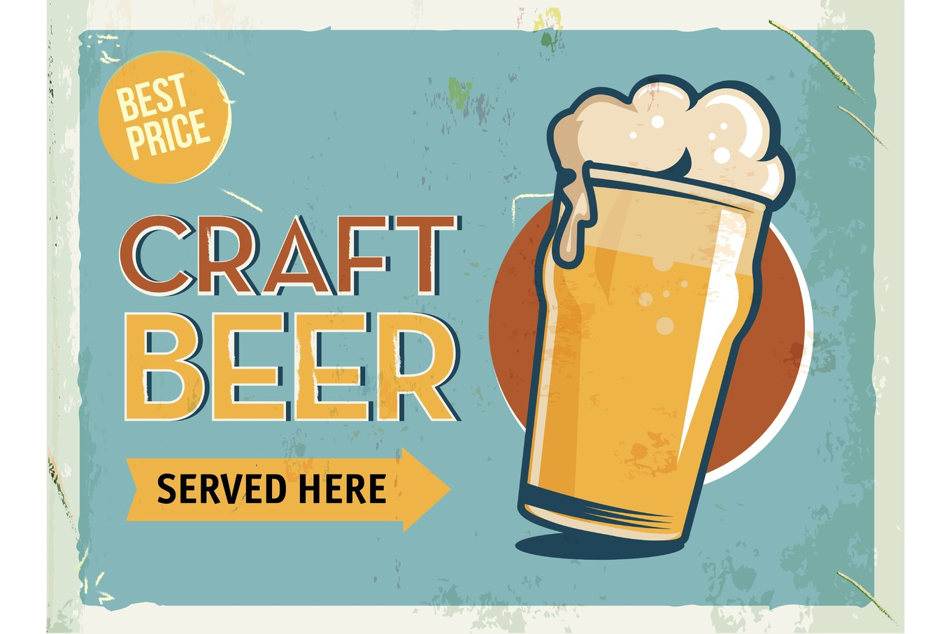 Grunge retro metal sign with beer. Glass of cold craft beer. Vintage ...