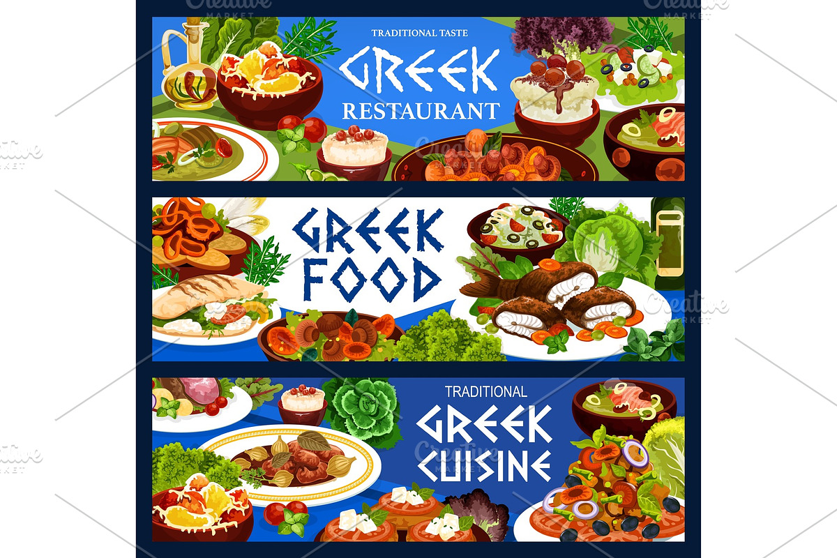 Greek food banners, a Food Illustration by Vector Tradition