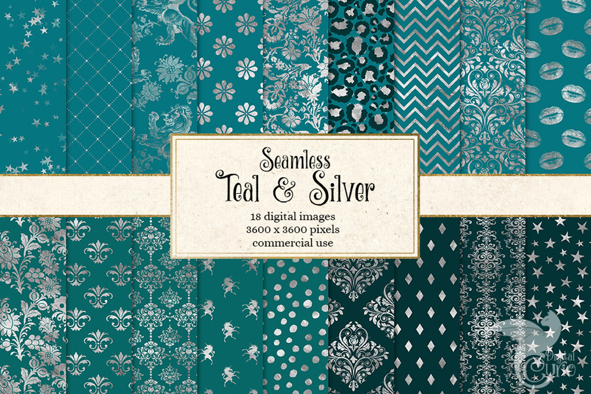 Teal and Silver Digital Paper, a Pattern Graphic by Digital Curio