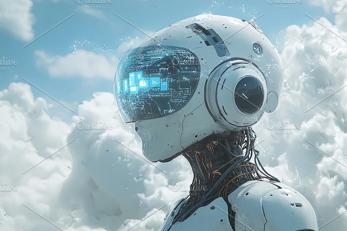 Futuristic humanoid robot with digital interface and circuit ...