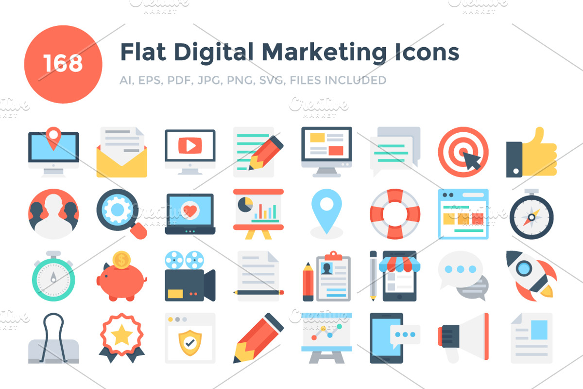 168 Flat Digital Marketing Icons, an Icon by Vectors Market