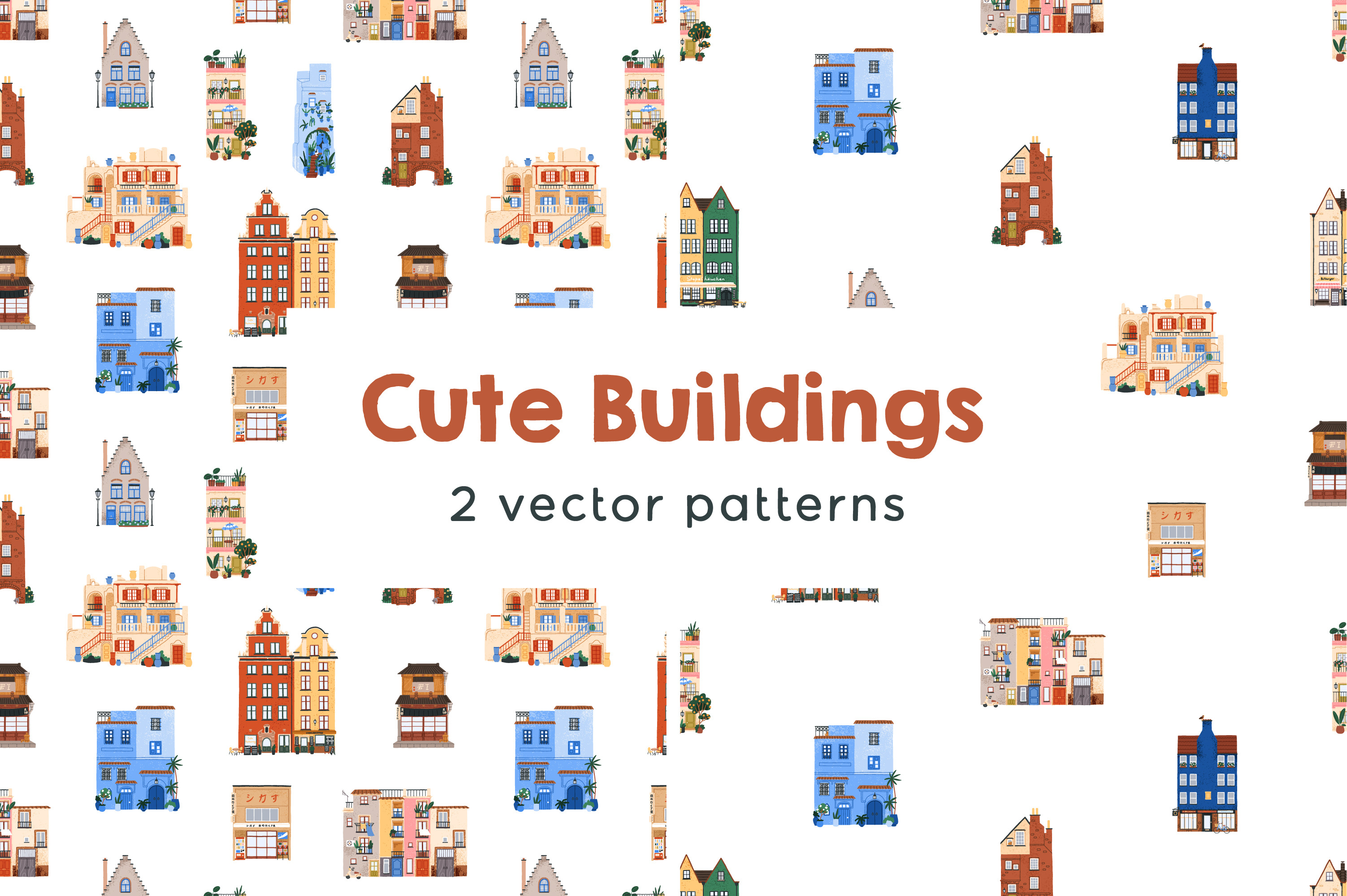 Cute buildings seamless patterns, a Pattern Graphic by Good Studio