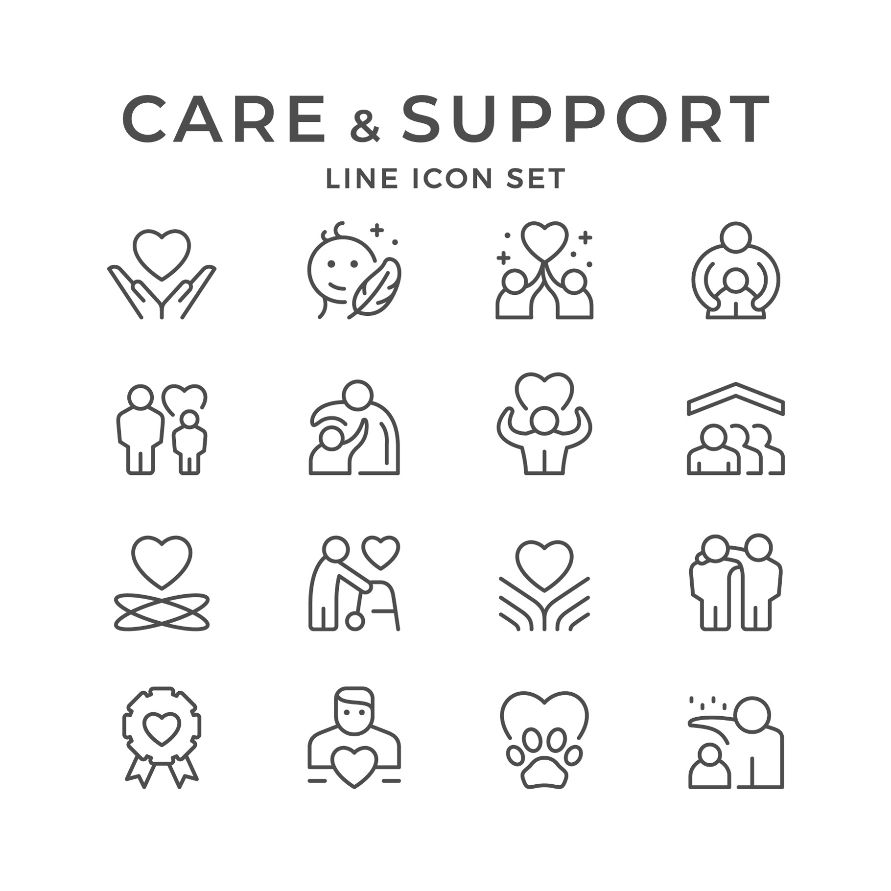 Set line icons of care and support, a Solid Icon by motorama