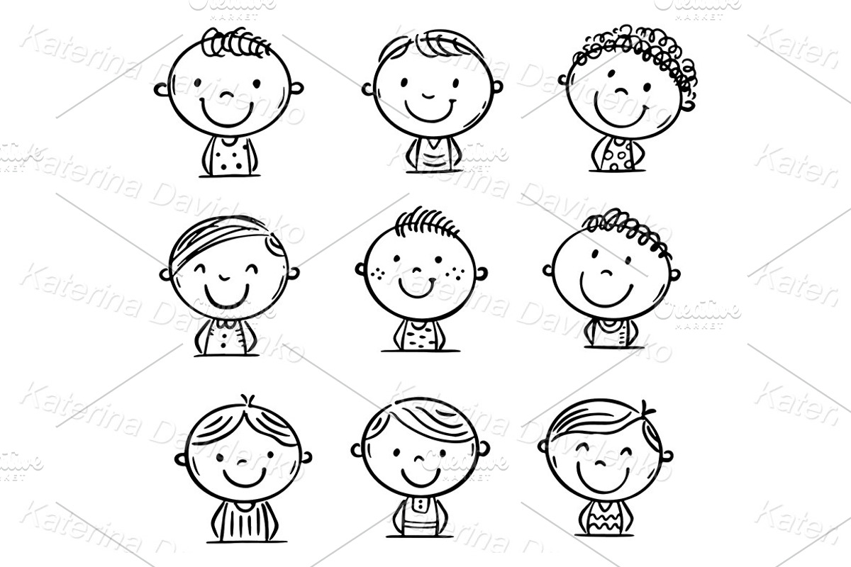 Doodle cartoon boys portraits set, an Education Illustration by Bubert Art