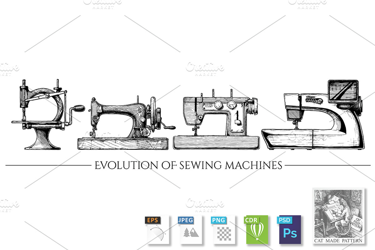 Evolution of sewing machines, an Object Illustration by CatMadePattern