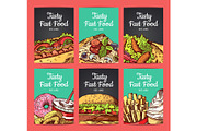 Vector card templates set with hand drawn fast food elements and place ...