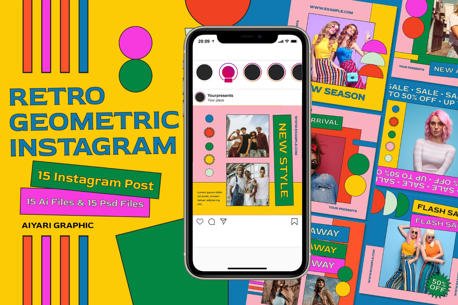 Retro Geometric Instagram Kit, a Social Media Template by Aiyari Graphic