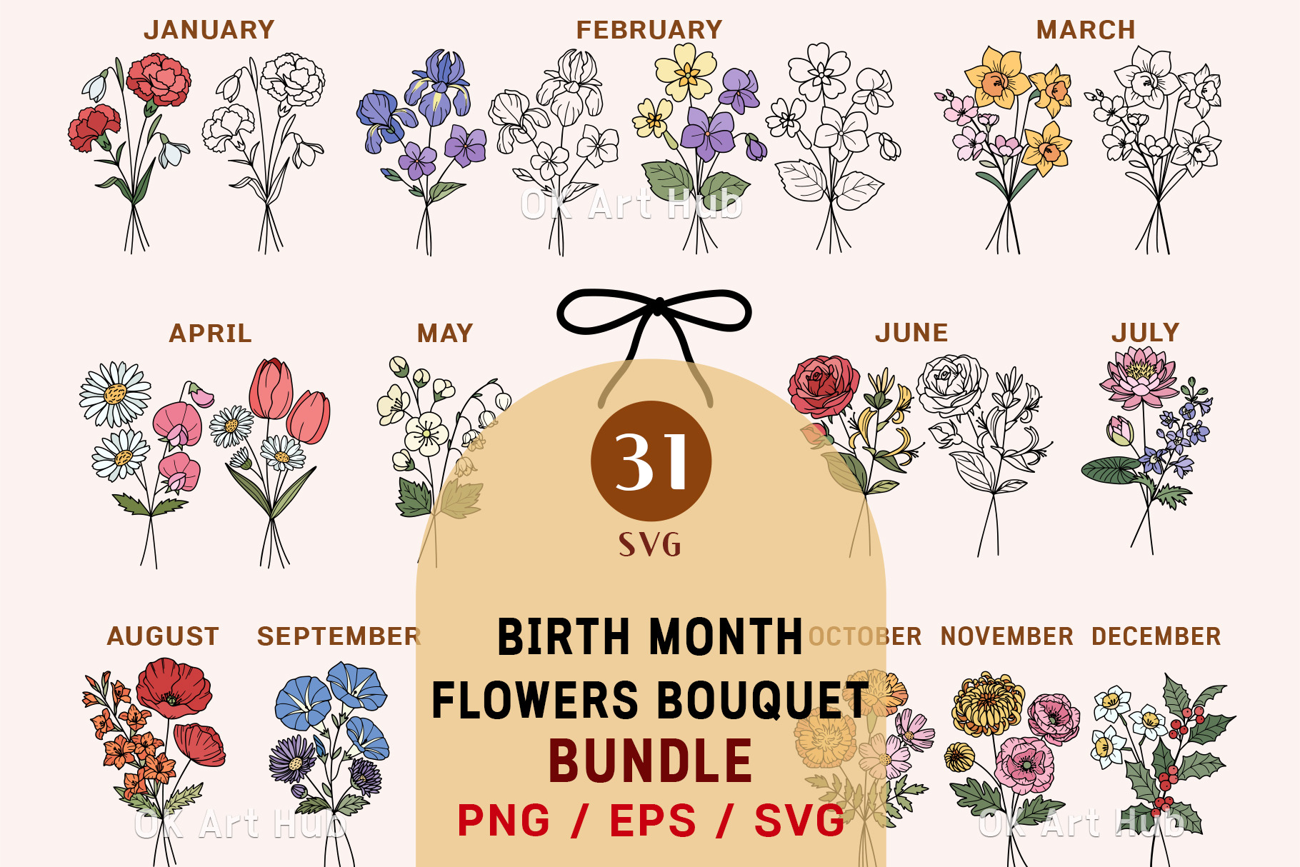 Birth Month Flower Bouquet Bundle, a Decorative Illustration by OKArtHub