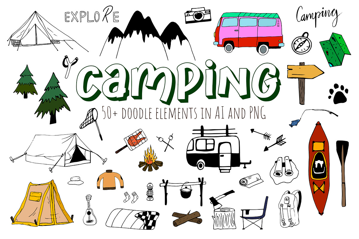 Camping Clipart. Doodle Icons PNG, an Outline Icon by BuzikArtShop