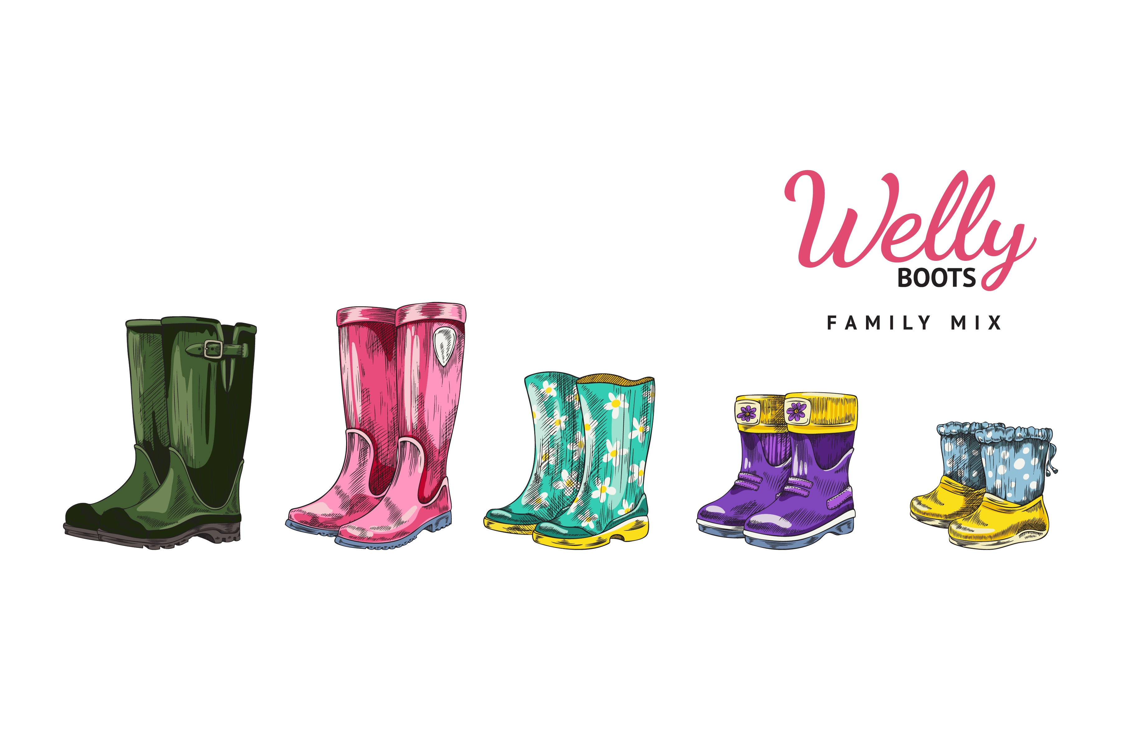 Hand drawn colorful rubber boots for, an Illustration by Sabelskaya
