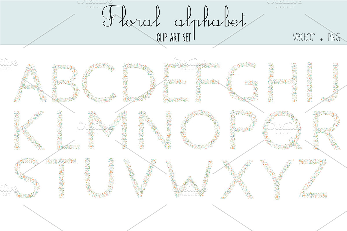 Floral alphabet clip art, a Decorative Illustration by Katie Lisker